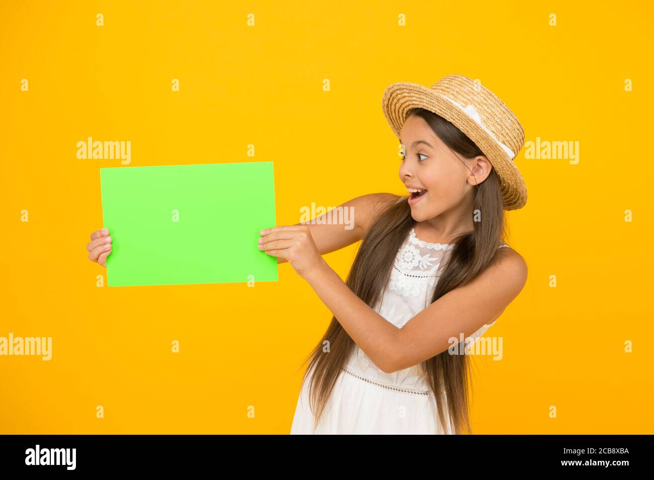 Bright advertisement. Join event. Summer sales. Happy little girl hold ...