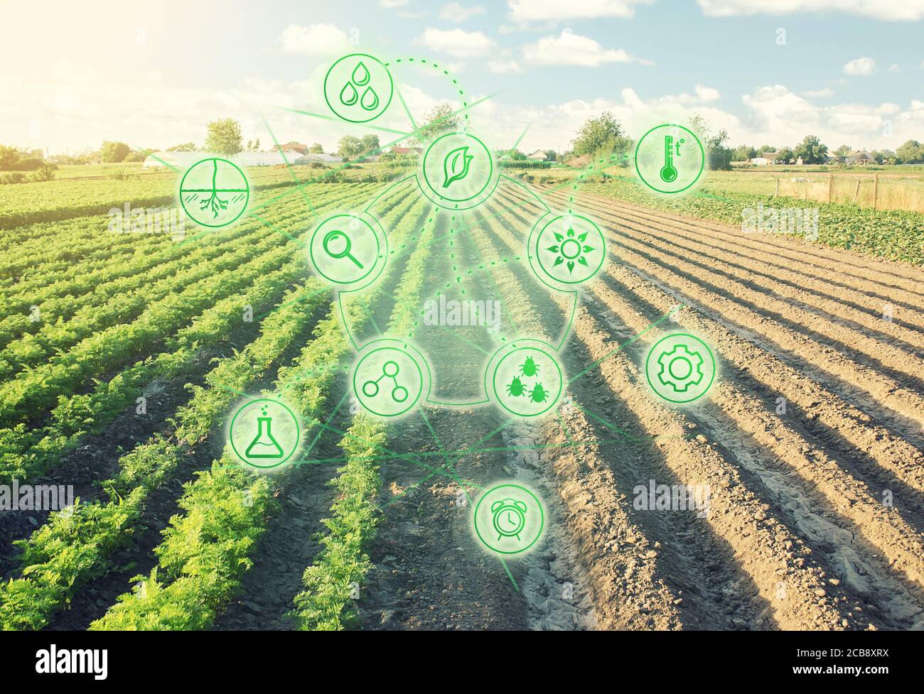 Futuristic innovative technology pictogram on a Half planted field with ...