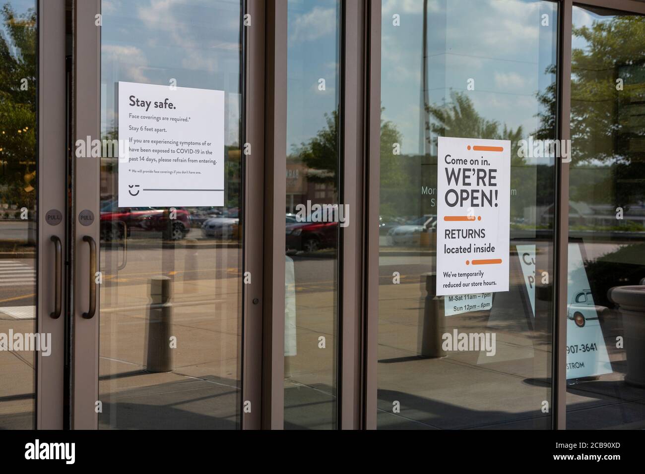 August 11, 2020. Peabody, MA. Stay Safe signs at Nordstrom entrance at ...
