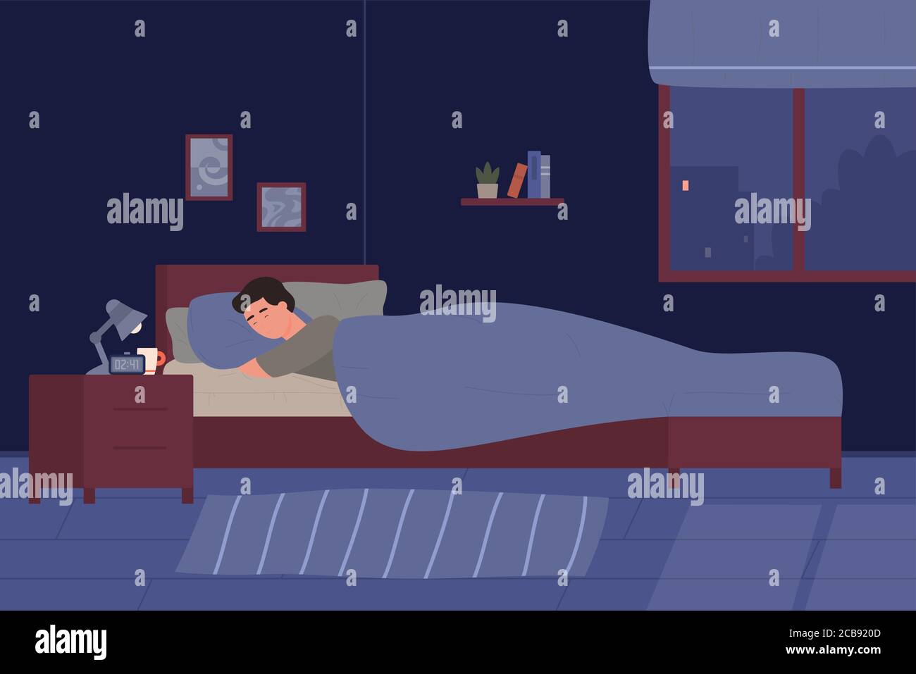 Young man sleeping in his bed. Cartoon boy room bedroom at night ...