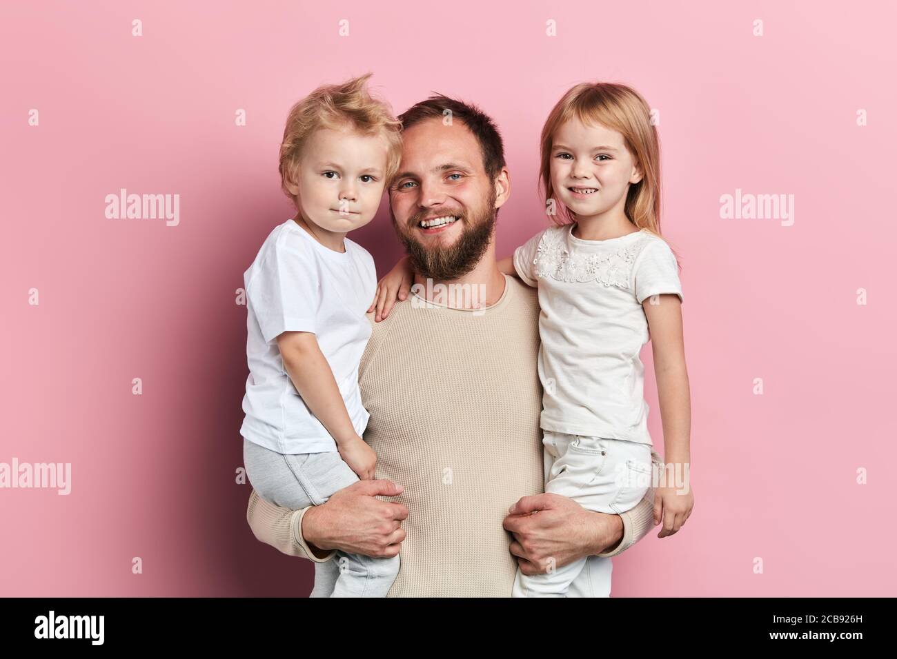 positive father having fun with children, close up portrait, isolated ...
