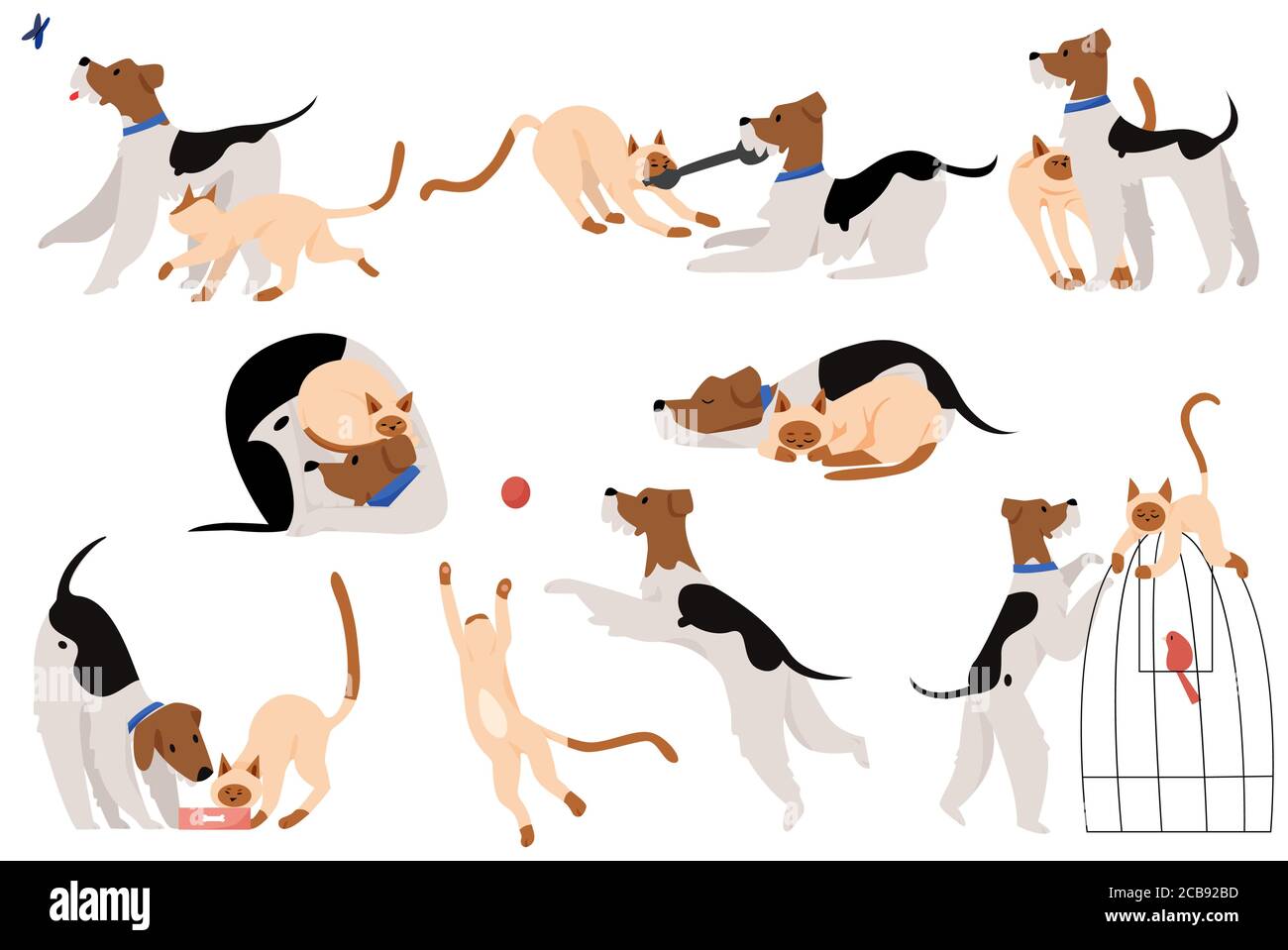 Cute touchable moments friendship pets character set flat cartoon ...