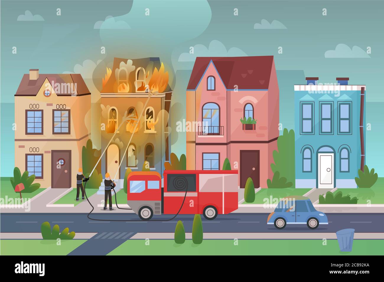 City street landscape at disaster massive fire flat cartoon vector ...