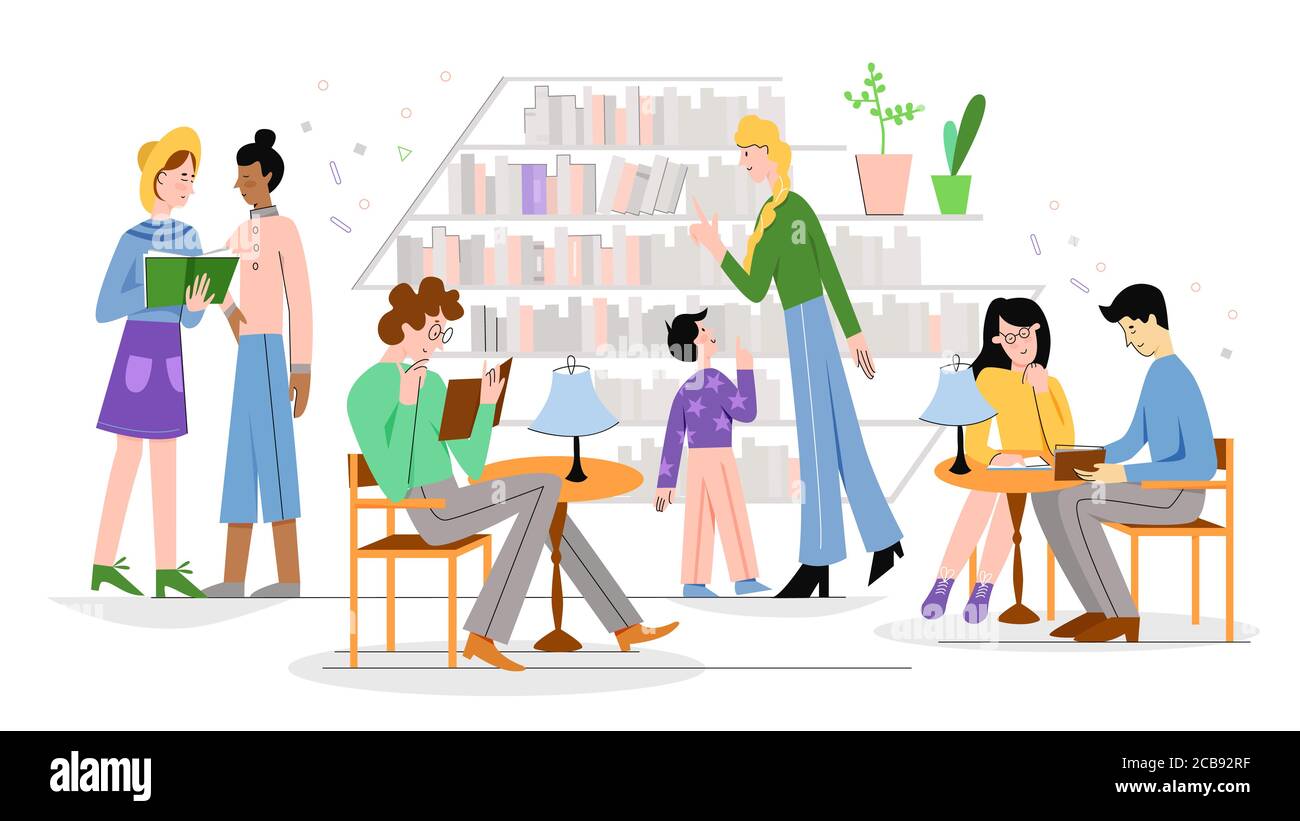 People in traditional library character flat line vector illustration ...