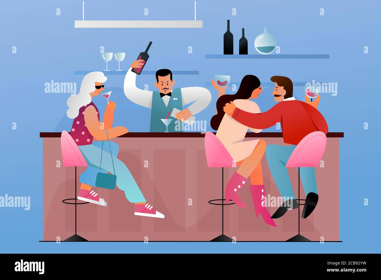 People sitting in bar near counter with barman flat character vector ...