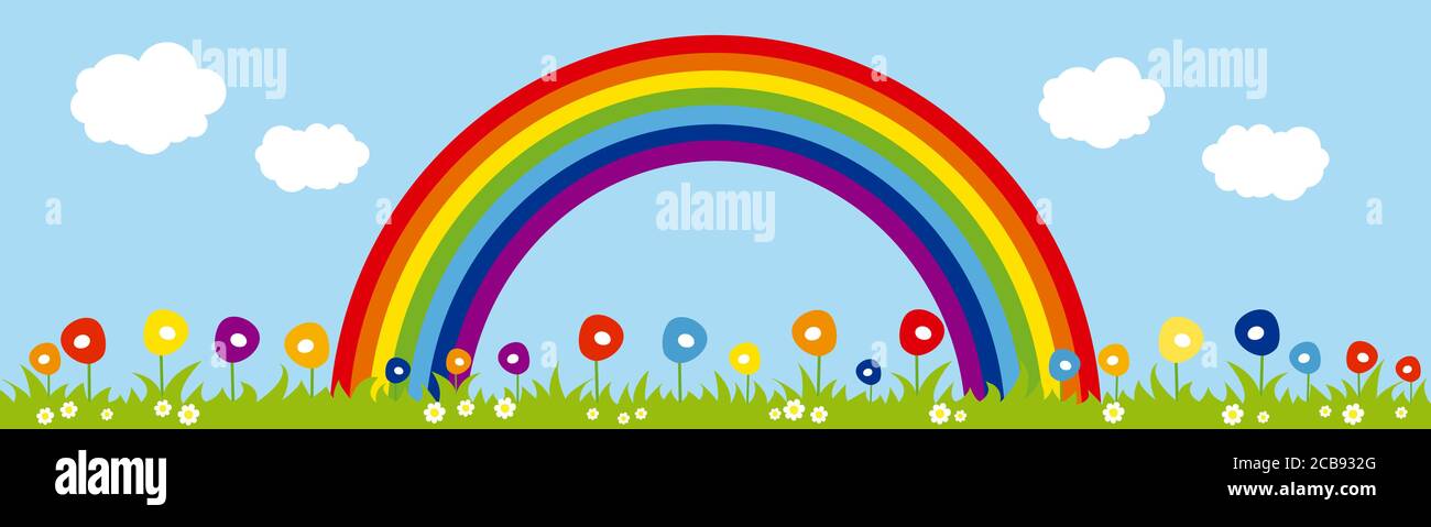 Colorful background with flower garden and rainbow Stock Photo - Alamy