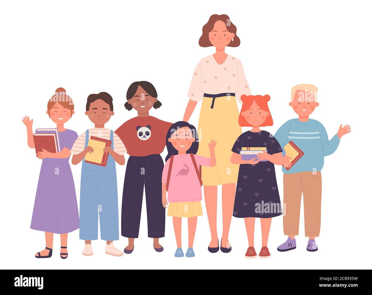 Female Teacher and kids vector illustration. Pedagogues and pupils ...