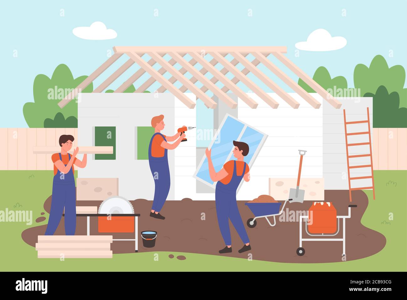 House building, architectural, construction process character flat ...