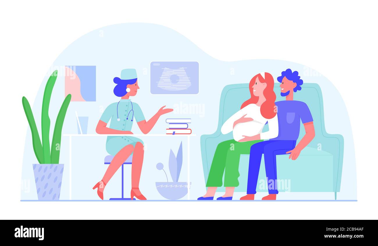 Pregnant woman visits doctor vector illustration. Cartoon flat happy ...