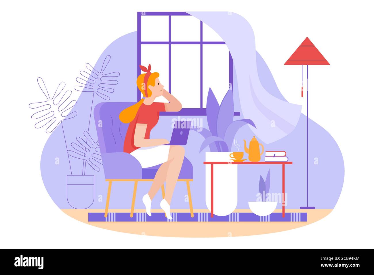 Smiling woman at home using laptop Stock Vector Images - Alamy