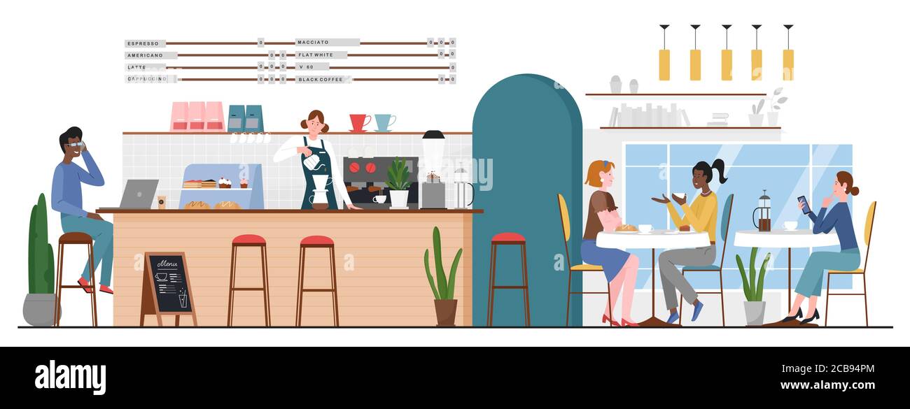 People in bar cafe vector illustration. Cartoon flat man woman friend ...
