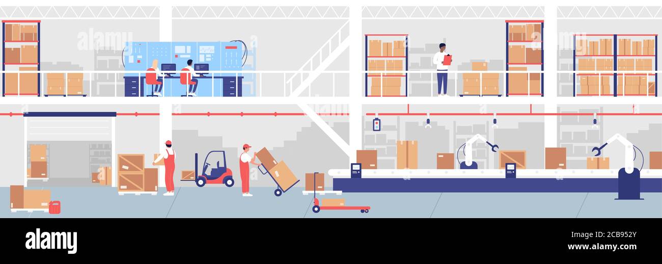 Warehouse delivery process vector illustration set. Cartoon flat worker ...