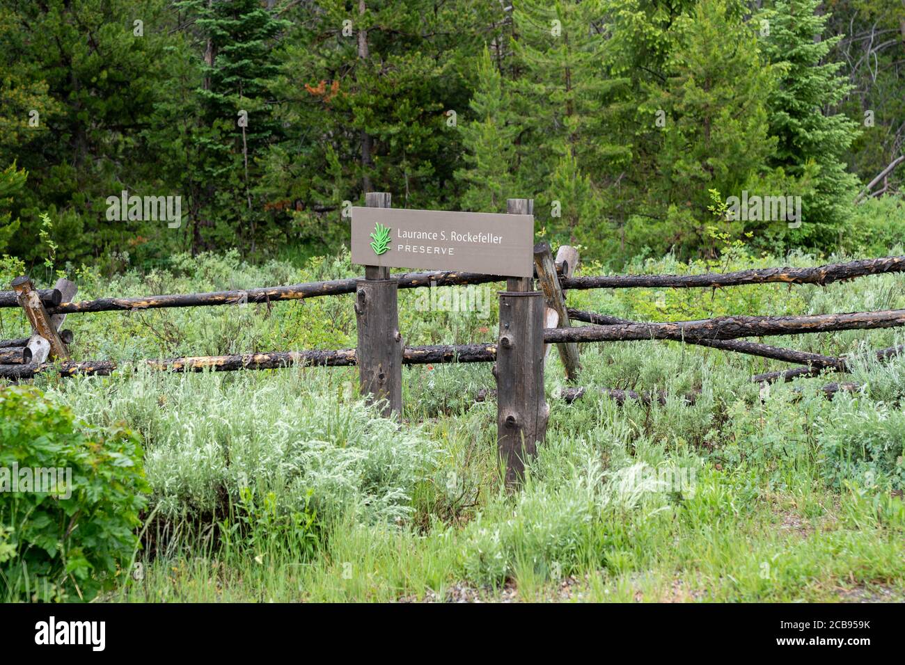 Moose, Wyoming - June 25, 2020: Sign for the Laurance S. Rockefeller ...