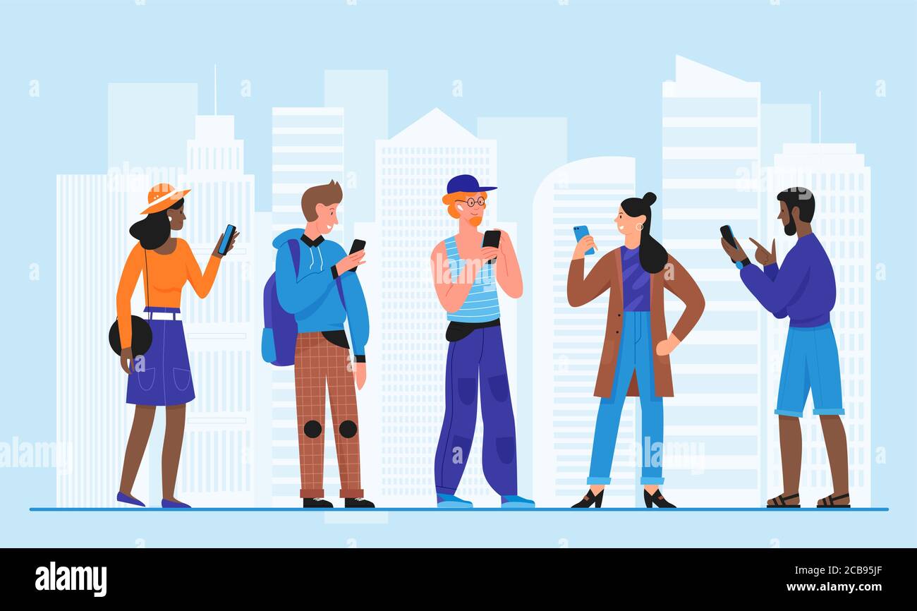 Crowd People With Smartphones Vector Illustration Cartoon Flat Man