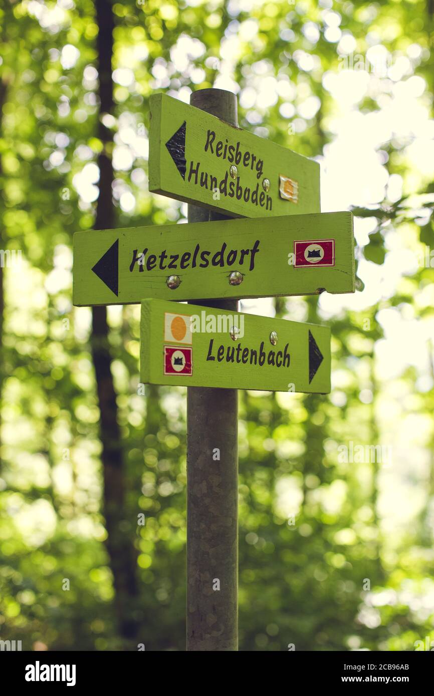 Vertical shot of green wooden sign showing different places in ...