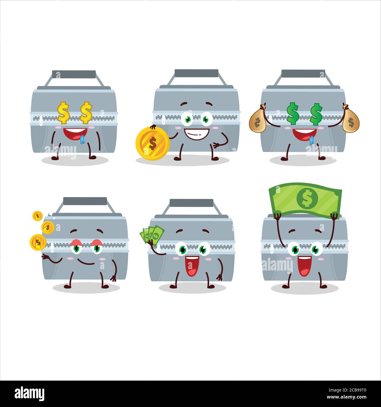 Grey lunch box cartoon character with cute emoticon bring money Stock ...