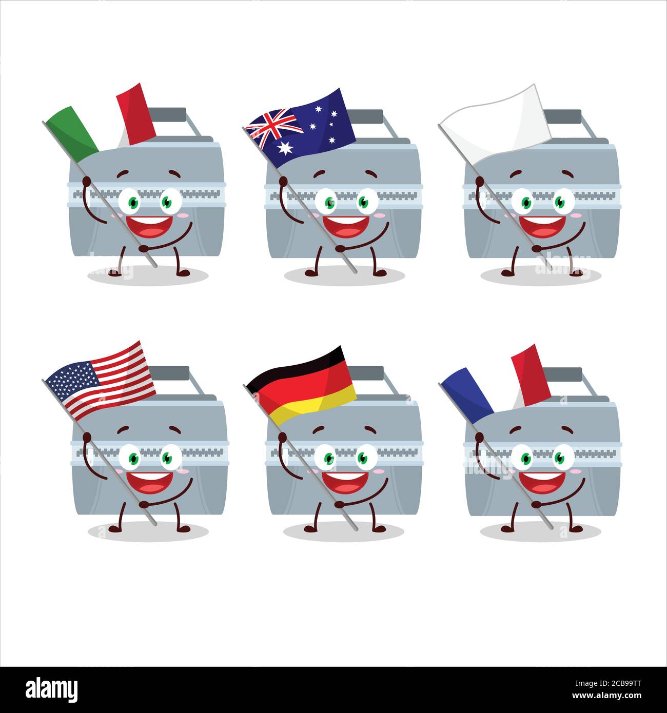 Grey lunch box cartoon character bring the flags of various countries ...