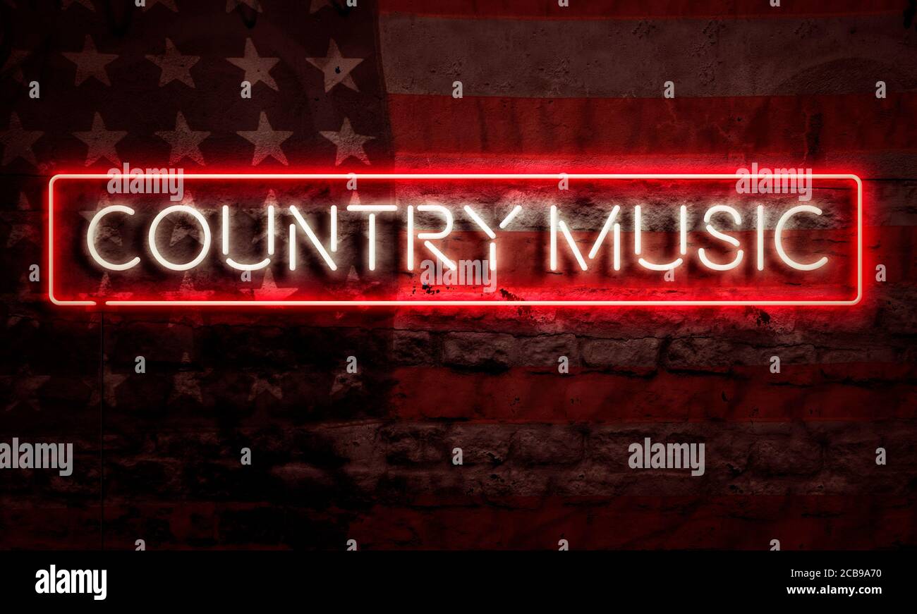 Country Music Pop Art Word Neon Sigh With American Flag Grunge Brick ...