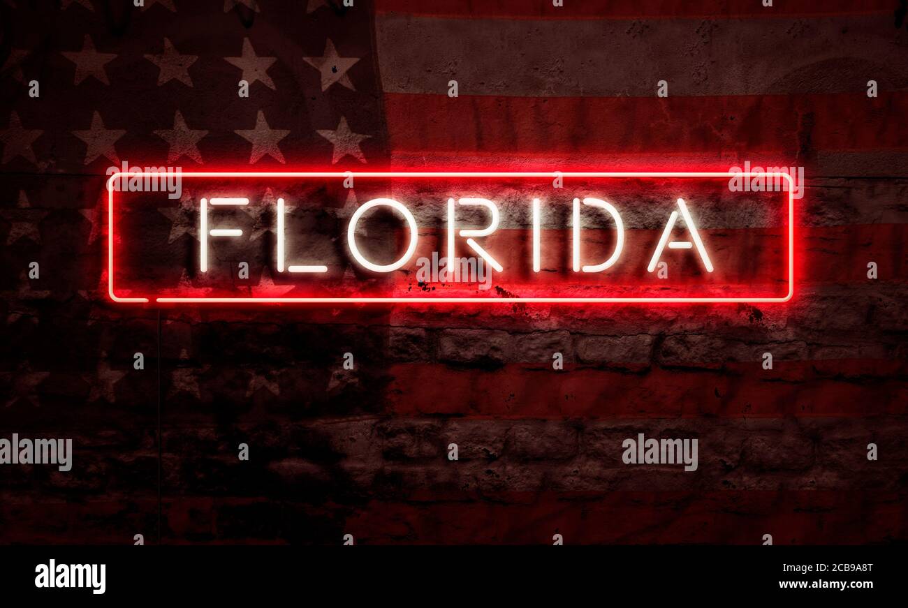 Florida Pop Art Word Neon Sigh With American Flag Grunge Brick Graffiti ...