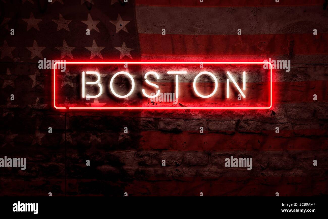 Boston City Pop Art Word Neon Sigh With American Flag Grunge Brick ...