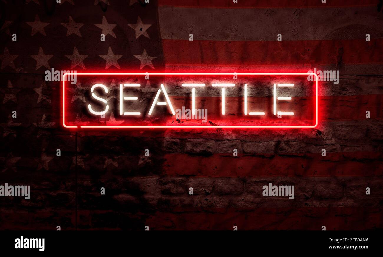 Seattle City Pop Art Word Neon Sigh With American Flag Grunge Brick ...