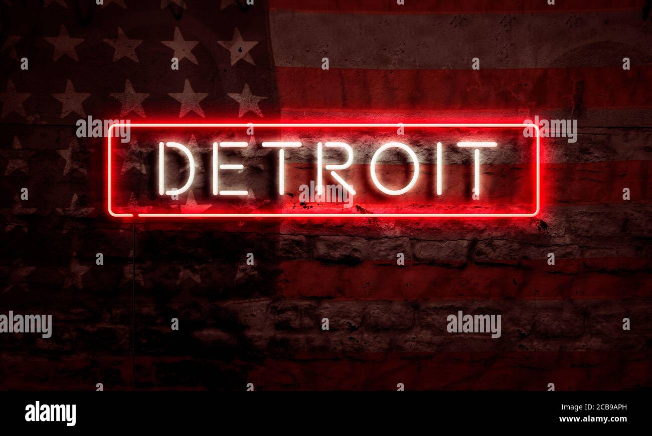 Detroit City Pop Art Word Neon Sigh With American Flag Grunge Brick ...