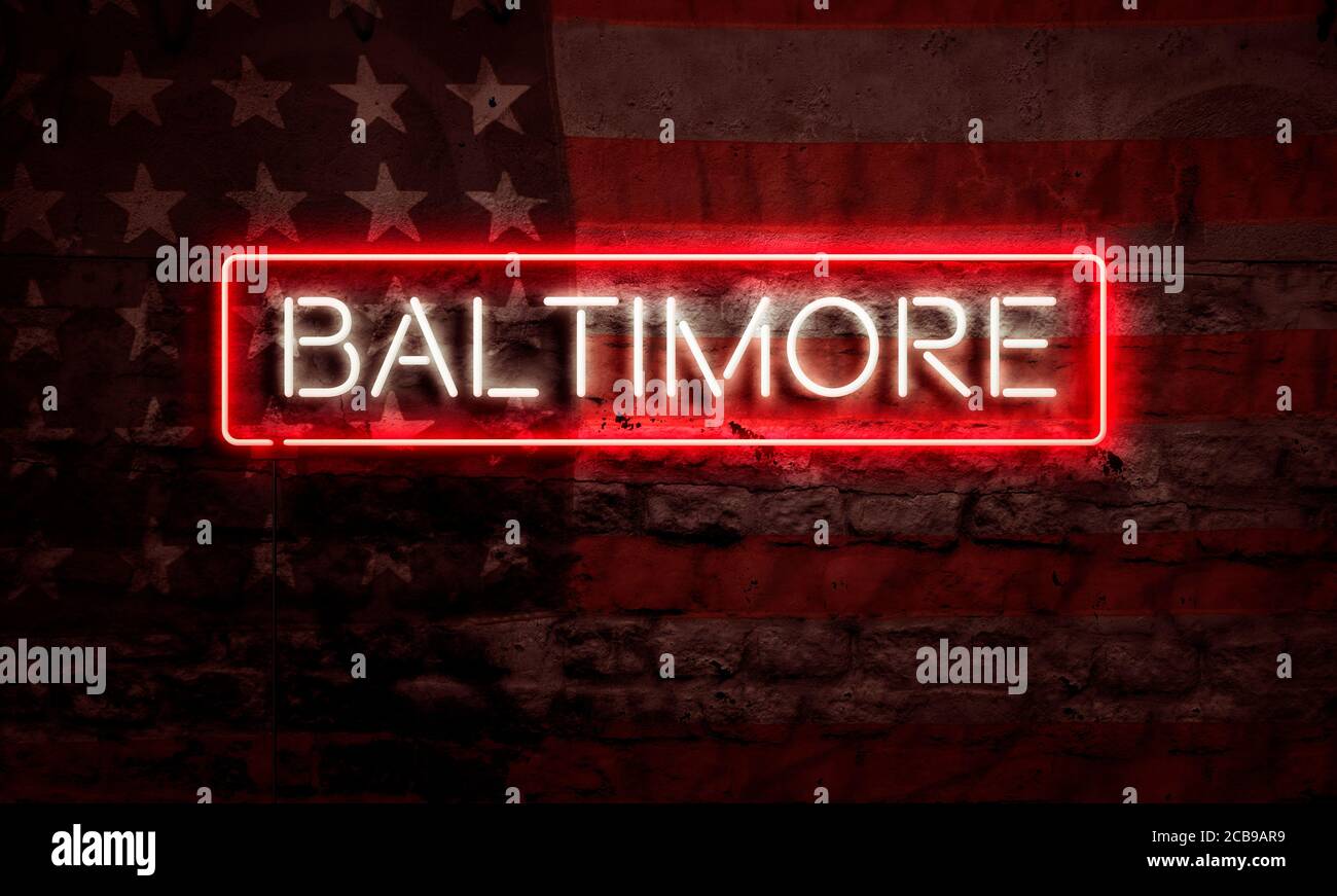Baltimore City Pop Art Word Neon Sigh With American Flag Grunge Brick ...