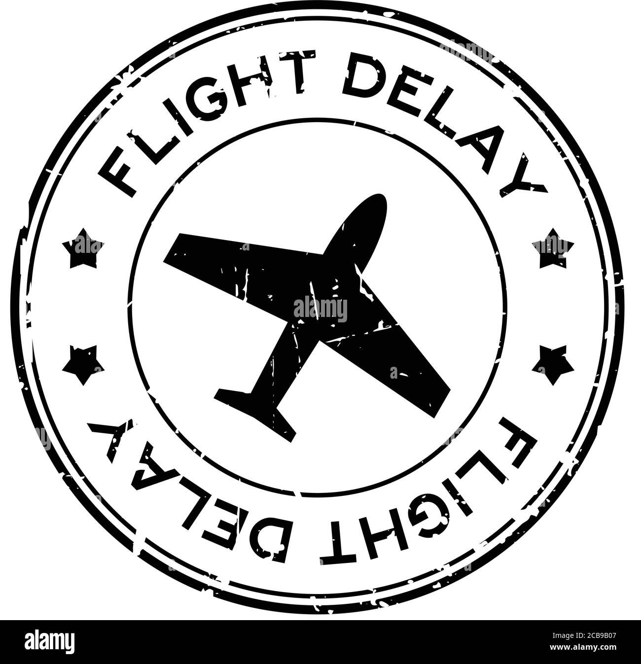 Grunge black flight delay word with airplane icon round rubber seal ...
