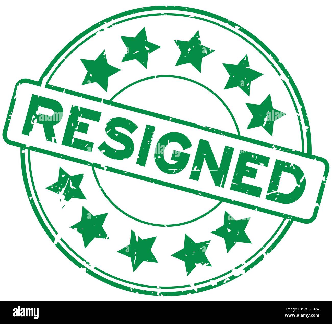 Grunge green resigned wording with star icon round rubber seal stamp on ...
