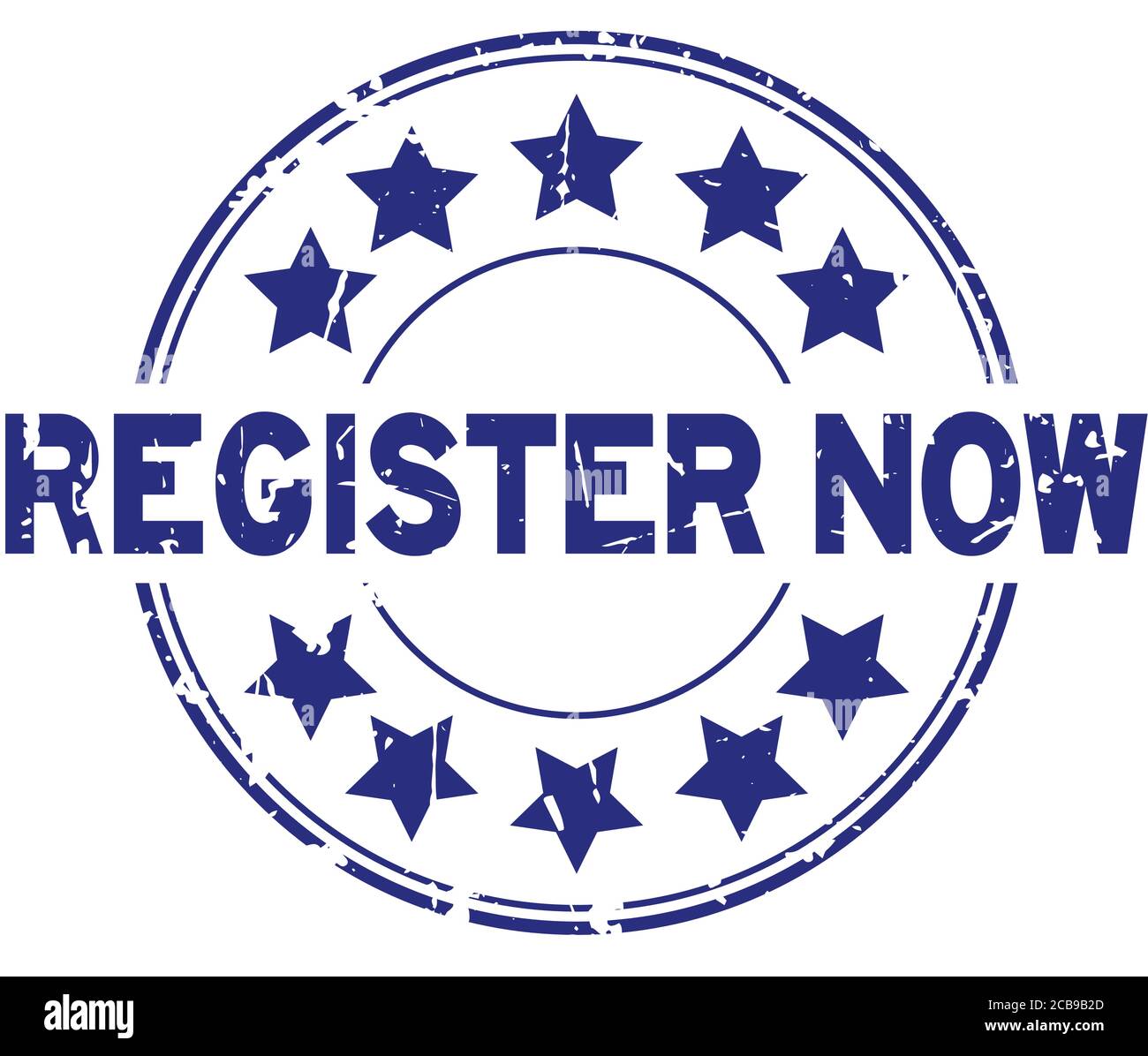 Grunge blue register now with star icon round rubber seal stamp on ...