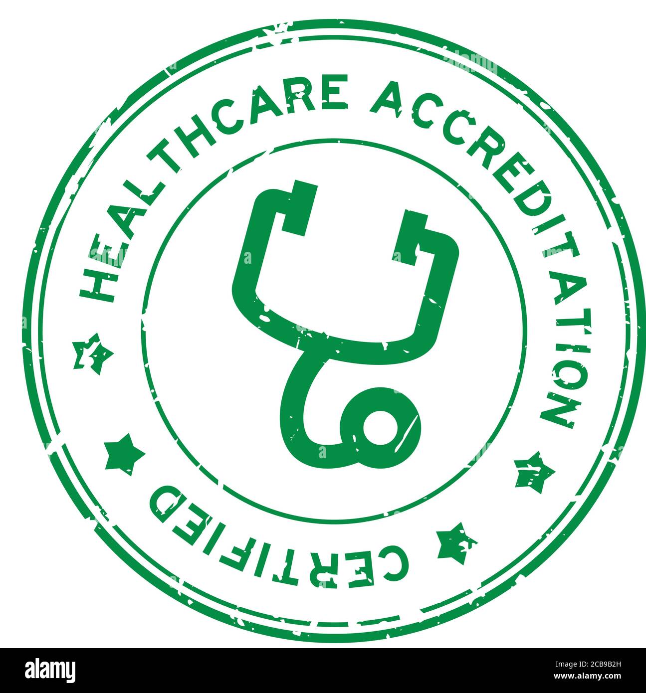 Grunge green healthcare accreditation with stethoscope icon round ...