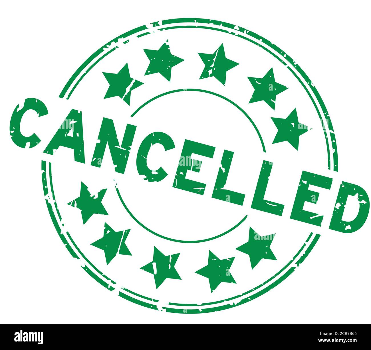 Grunge green cancelled with star icon round rubber seal stamp on white ...