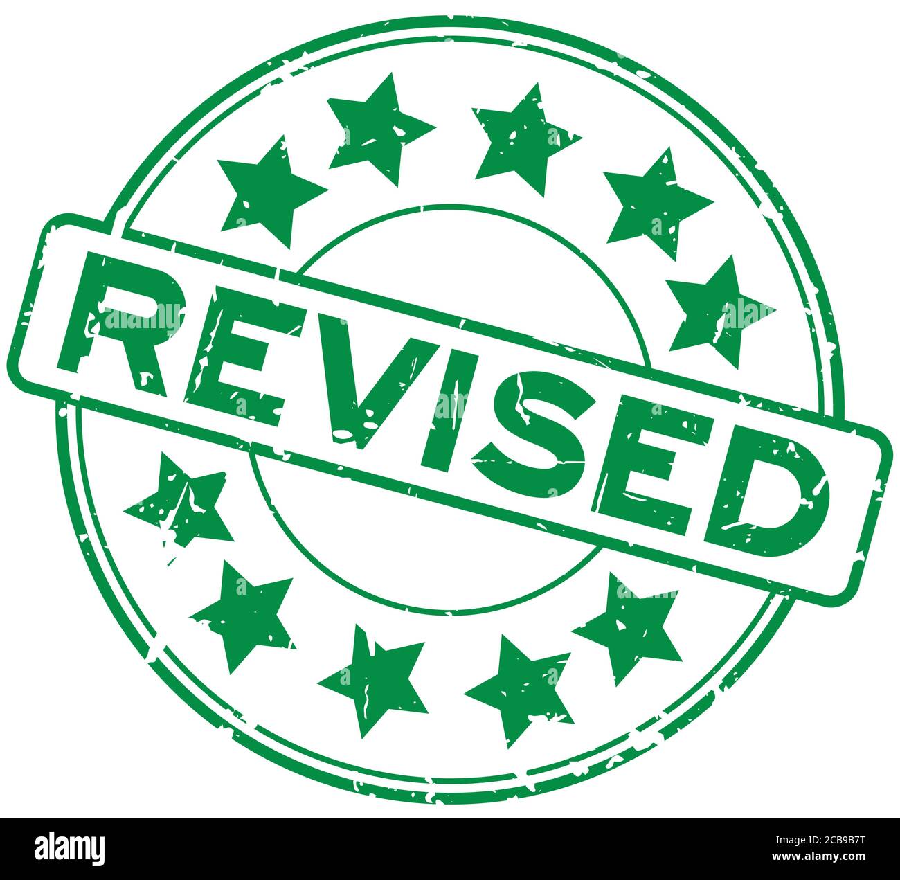 Grunge green revised wording with star icon round rubber seal stamp on white background Stock ...