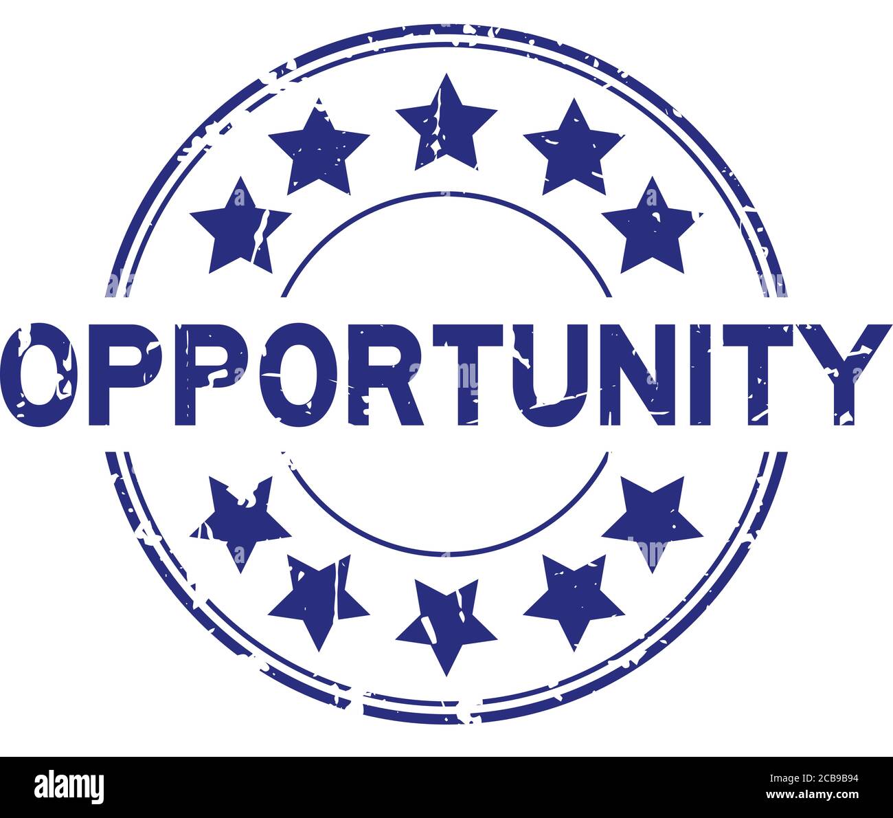 Grunge blue opportunity with star icon round rubber stamp on white ...