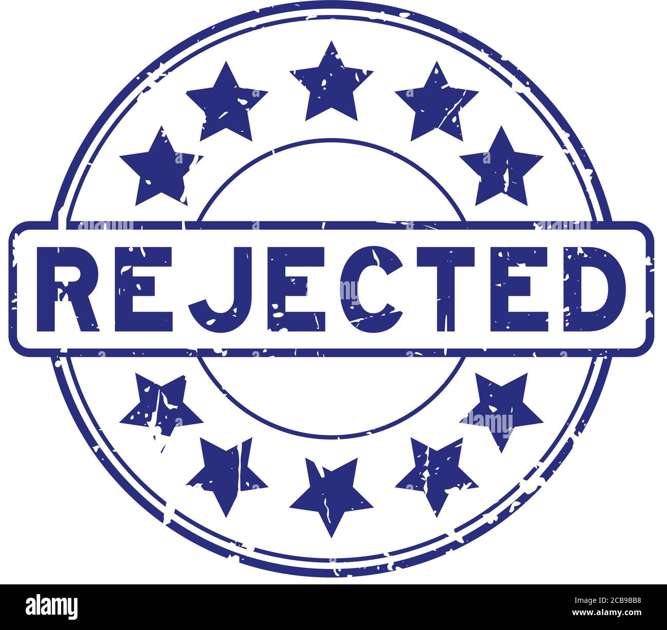 Grunge blue rejected with star icon round rubber seal stamp on white ...