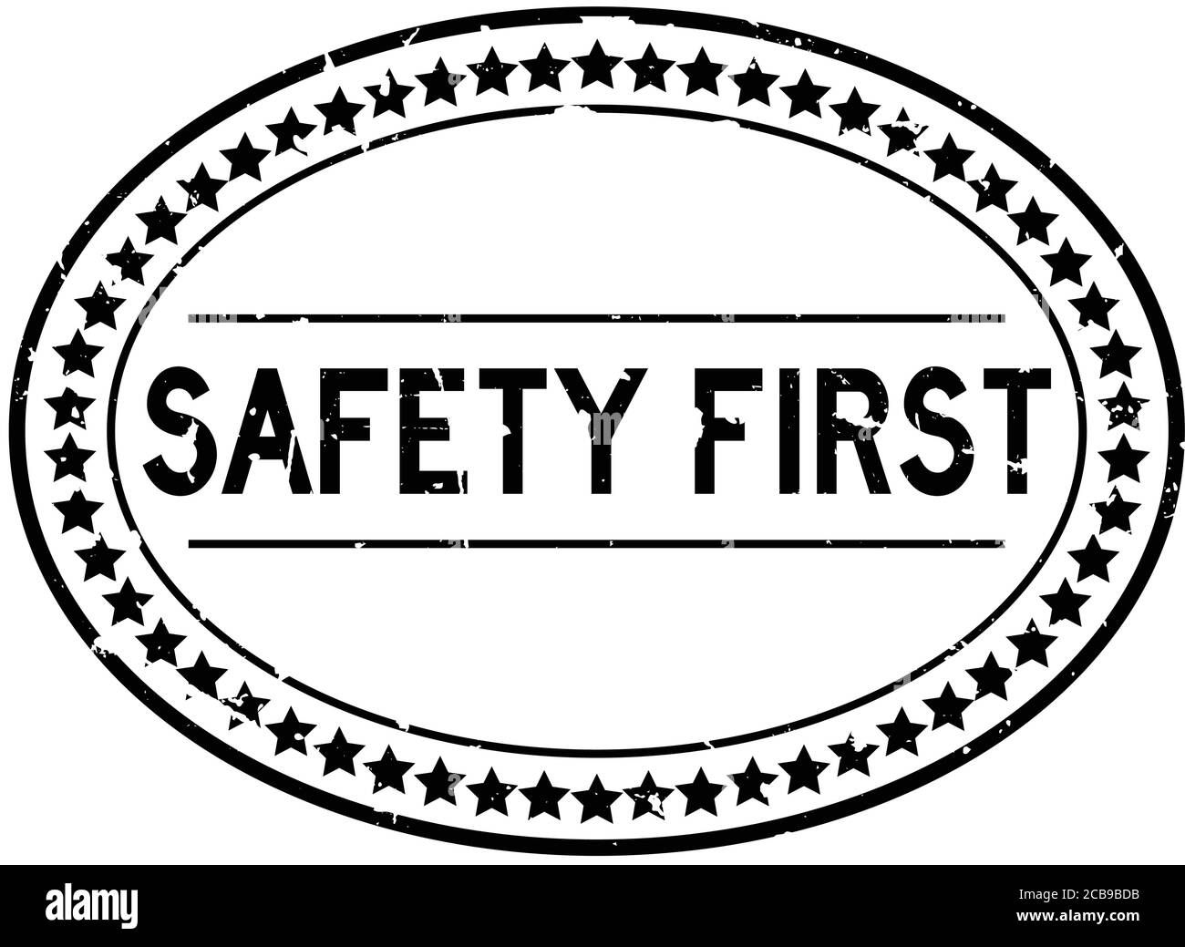 Grunge black safety first word oval rubber seal stamp on white ...