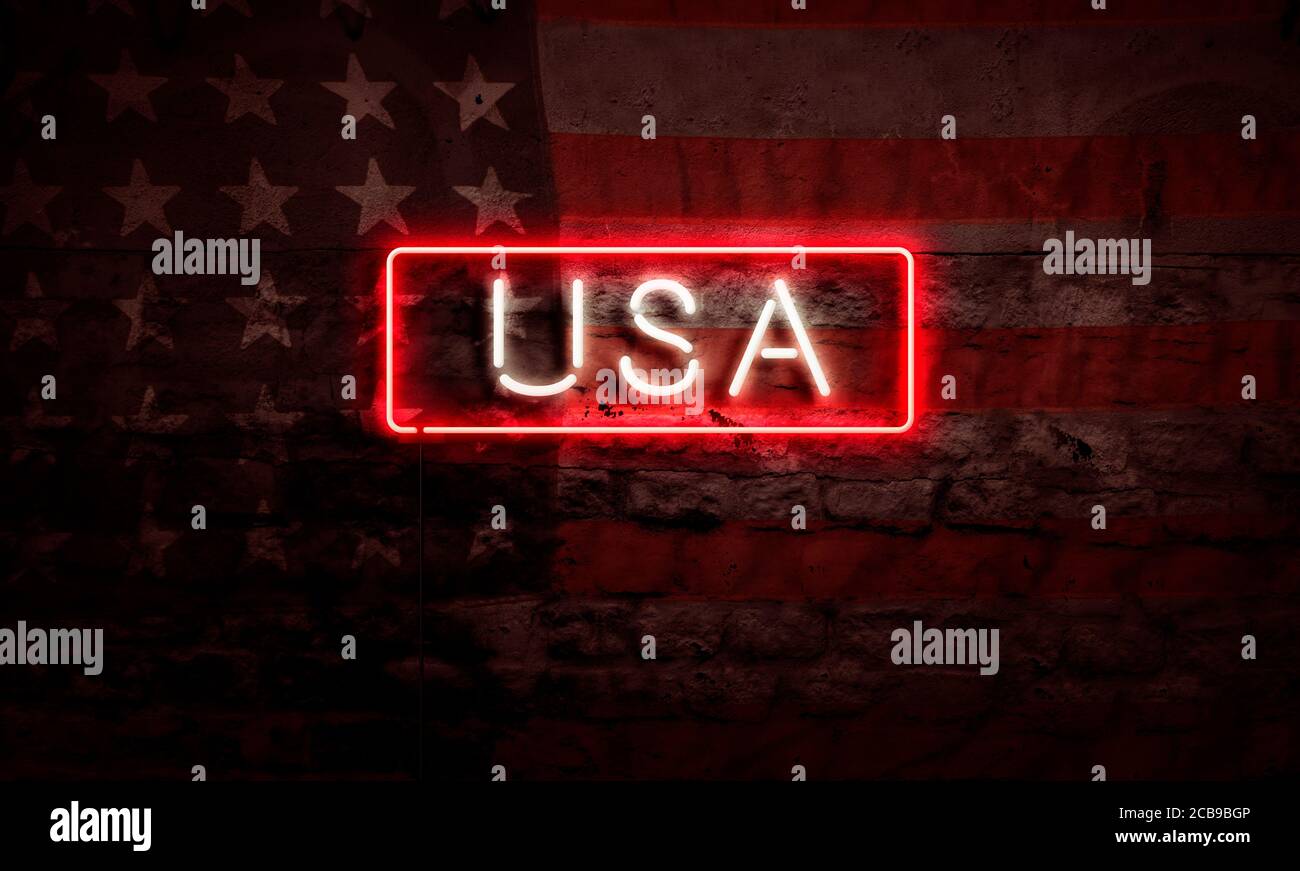USA Grunge Pop Art Neon Sign Lit Up America Proud Flag Brick Wall Stock ...