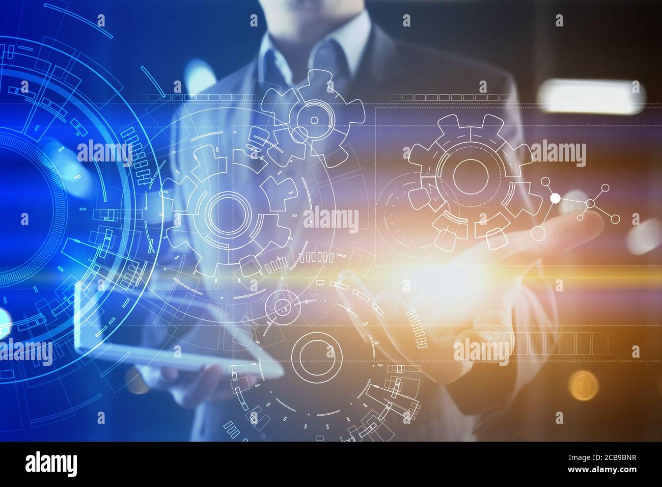 Engineering background with gears draft on virtual screen. Business ...