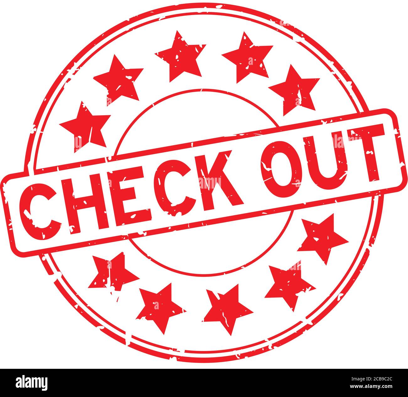 Grunge red check out word with star icon round rubber seal stamp on white background Stock ...