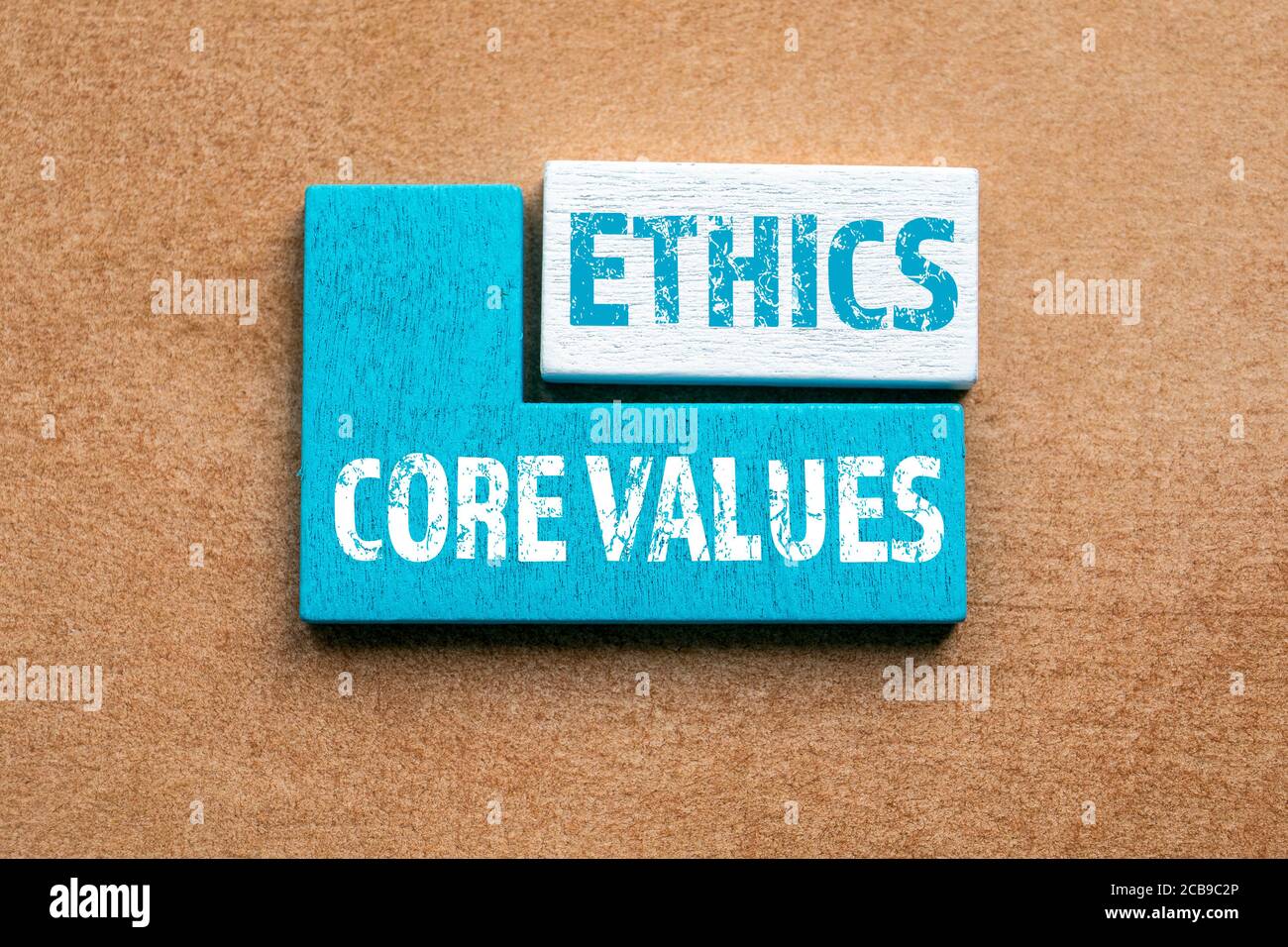 CORE VALUES and ETHICS concept. Colored wooden blocks, puzzle and mind ...