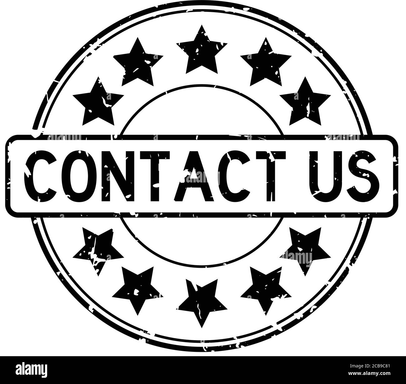 Grunge black contact us word with star icon round rubber seal stamp on ...