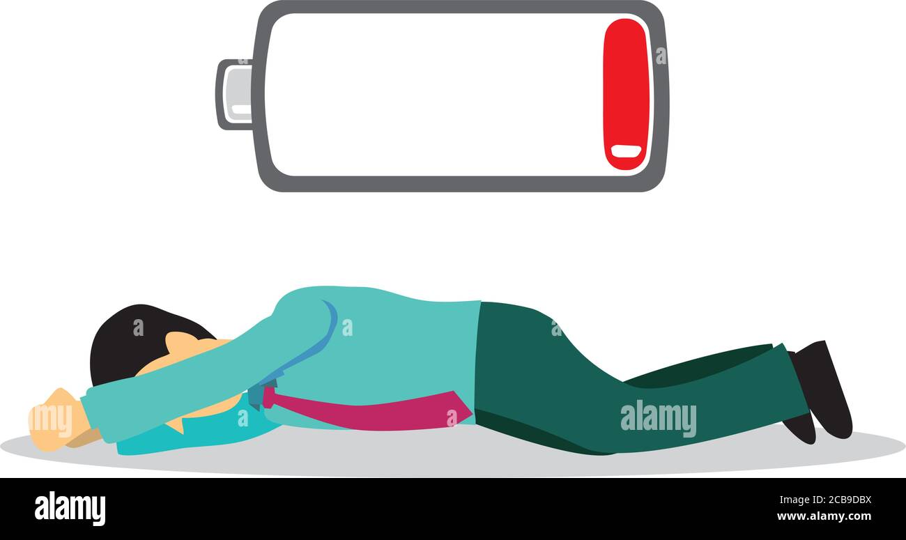 Exhausted business executive in suit with battery indicator to show his ...