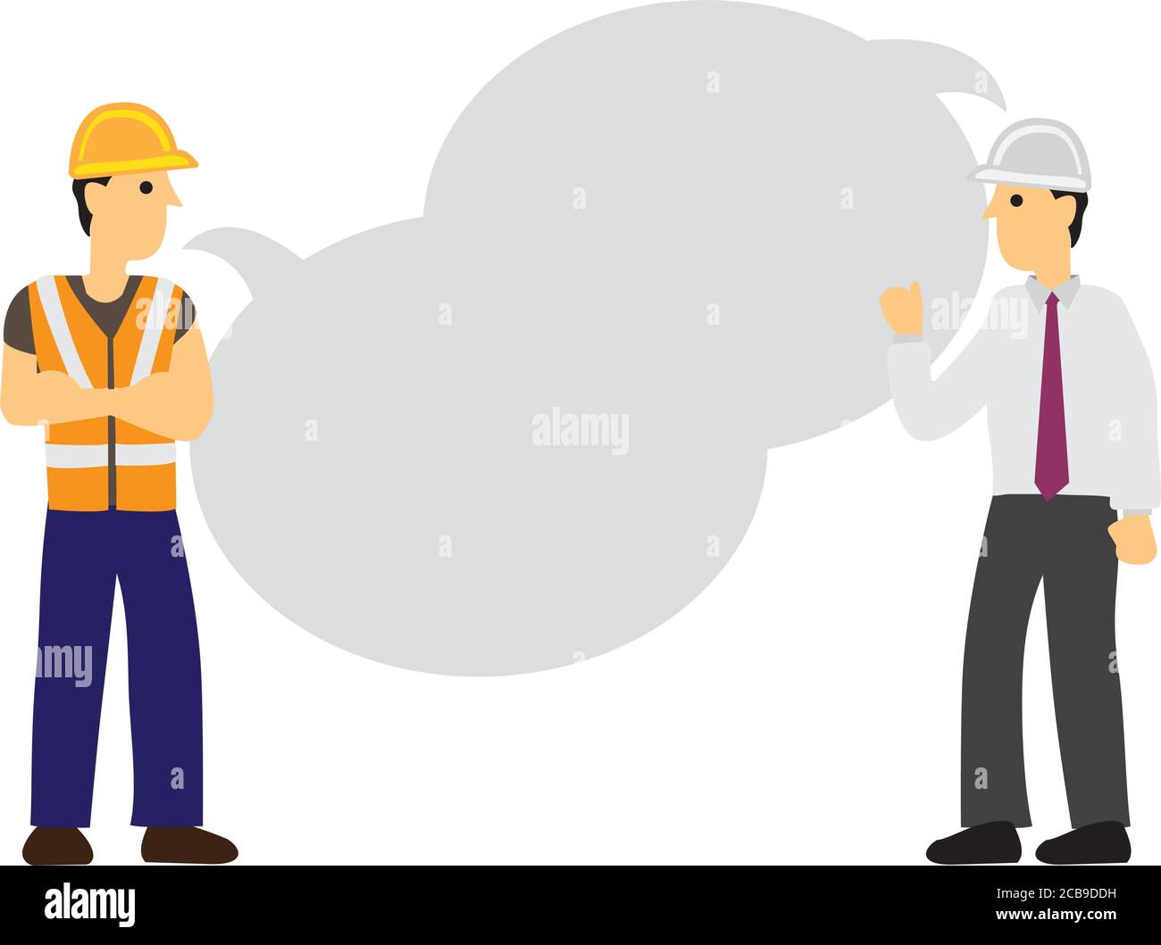 Conversation between the foreman and a construction worker with empty speech bubble. Flat vector ...