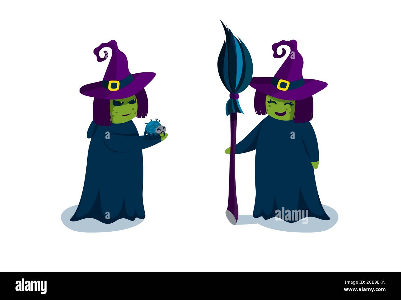 Two witches in hats with broom and spider. Spooky but happy Halloween ...