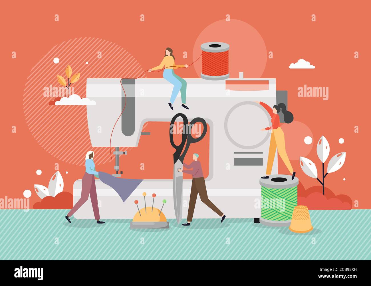 Seamstress dressmaker tiny characters sewing apparel on sewing machine ...