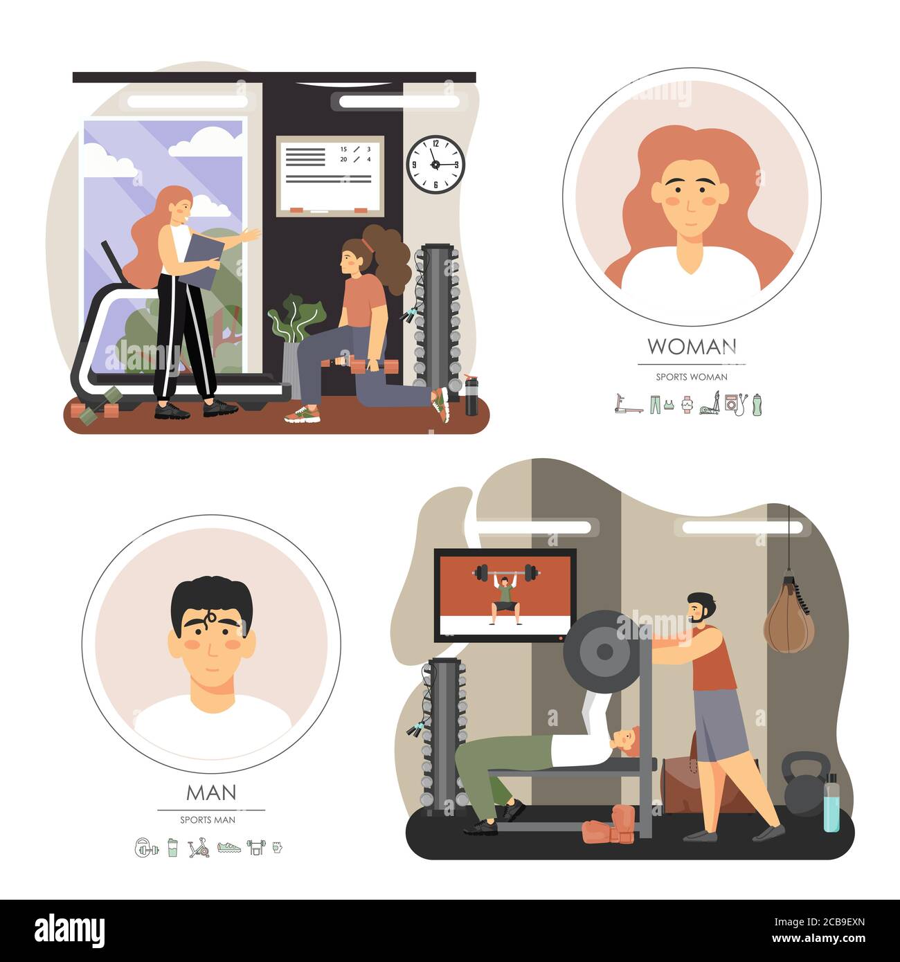 Fitness gym. People training with personal instructors, vector flat ...