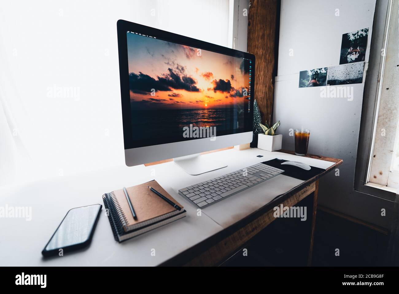 Office desk and computer Working at home Stock Photo - Alamy