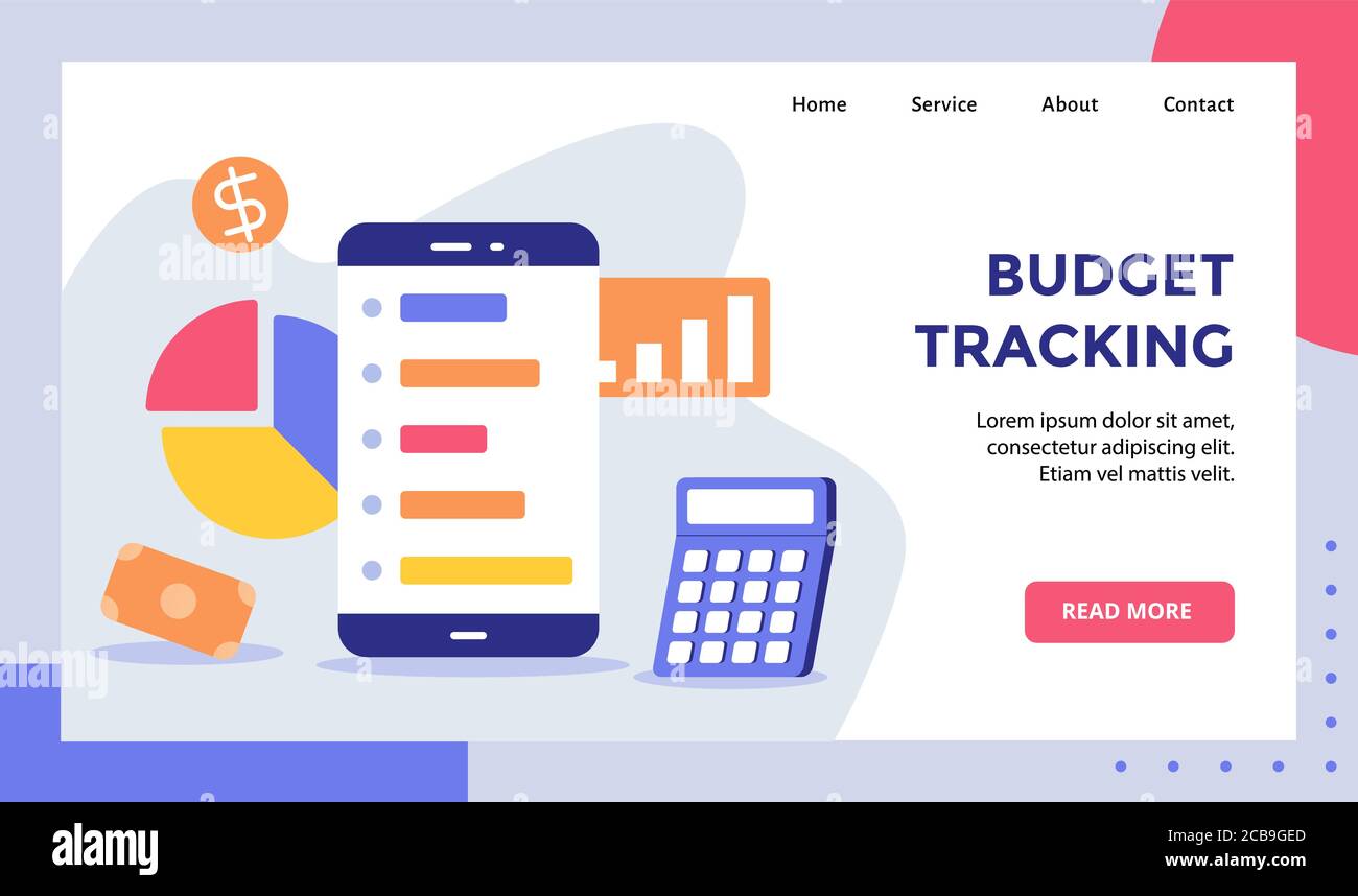 Budget tracking smartphone for web website home homepage landing page template banner with ...
