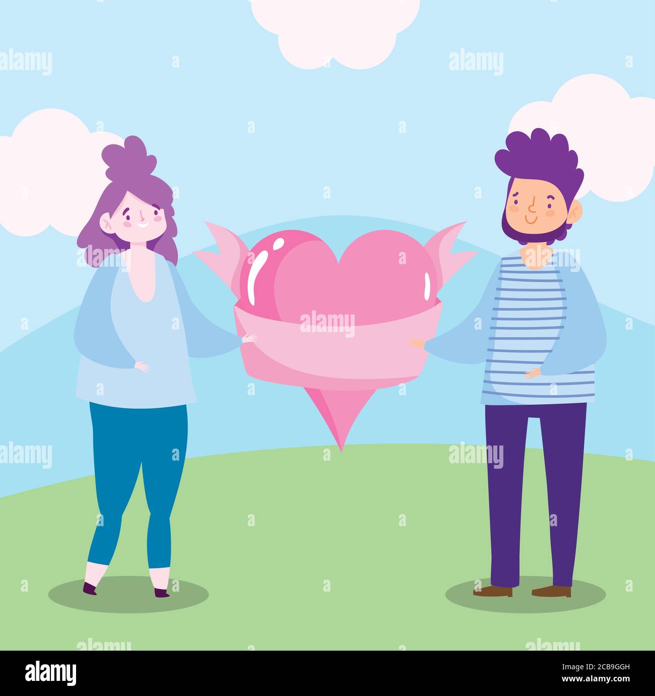 man and woman huge heart feeling love romantic cartoon vector ...