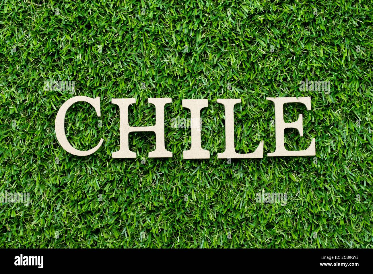 Wood alphabet letter in word Chile on green grass background Stock ...
